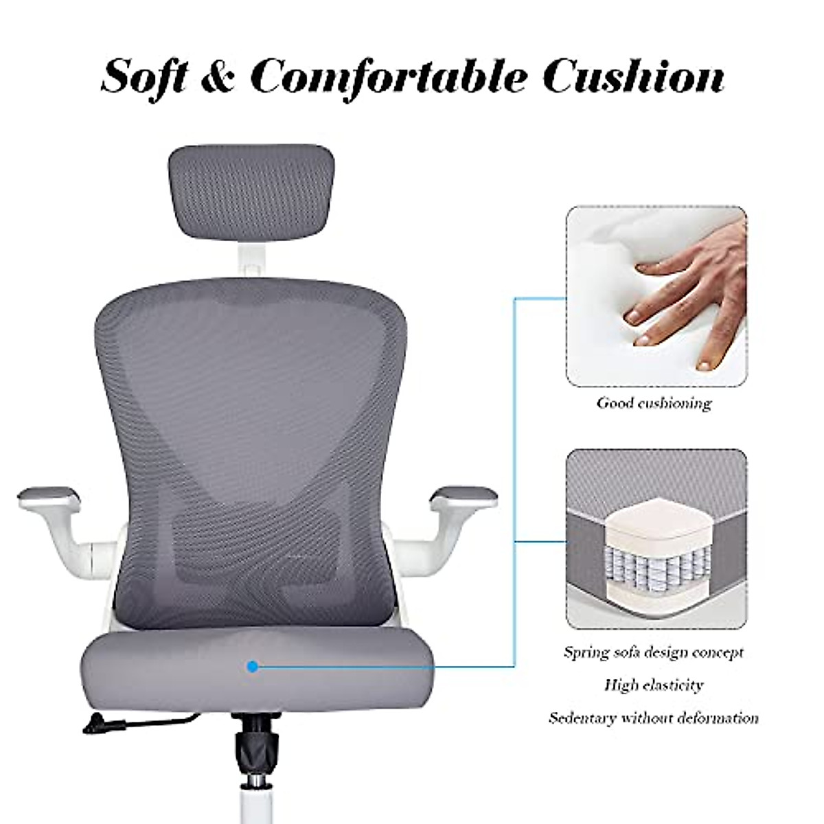 Dedeo Ergonomic Office Chair, Home Office Computer Chair, High Back Mesh Desk Chair with Adjustable Lumbar Support and Headrest, Tilt Function, Thick Seat Cushion Breathable Mesh Computer Chair