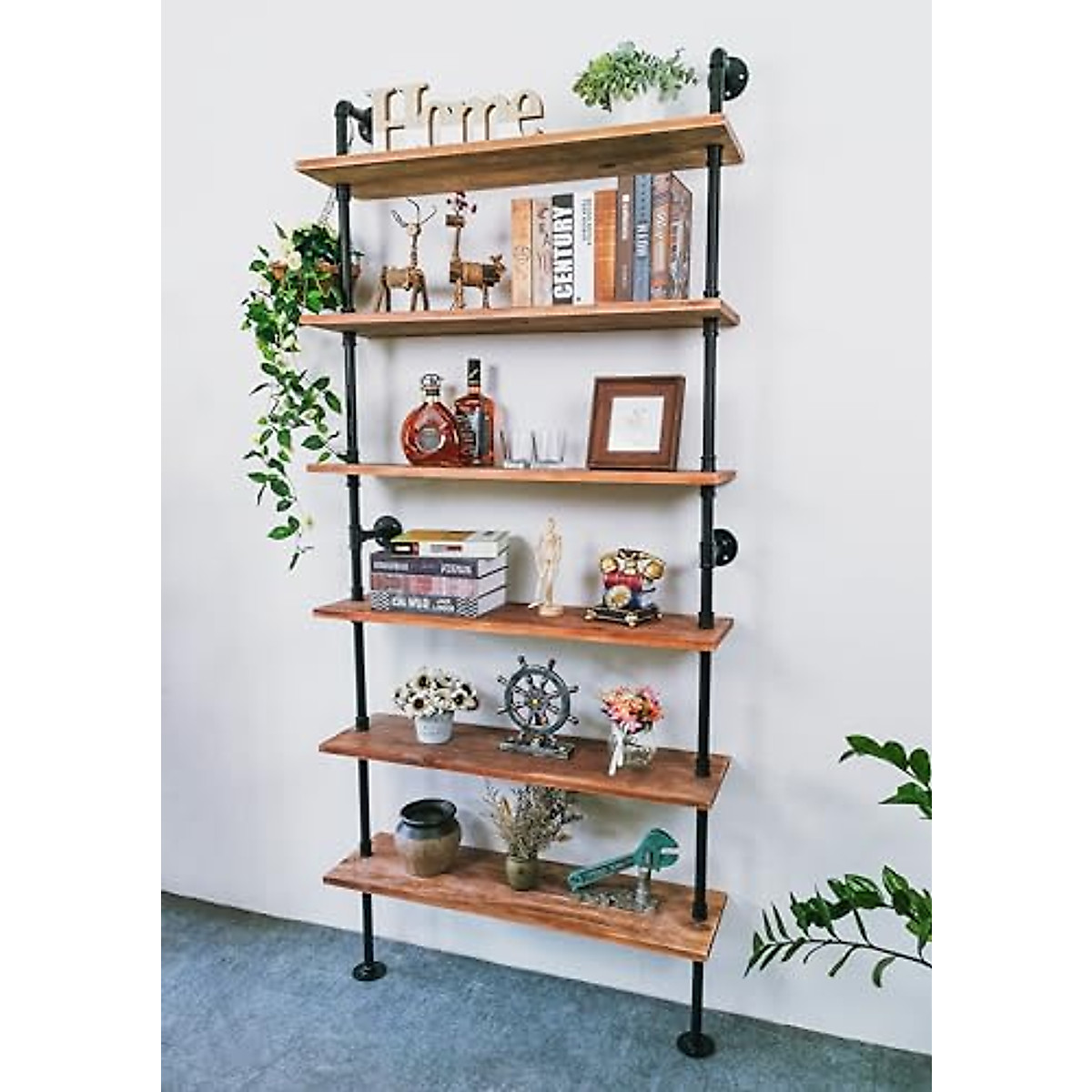 Anynice 6 Tier Industrial Ladder Pipe Shelf Bookcase, Rustic Wall Mounted Pipe Bookshelves for Decor and Storage
