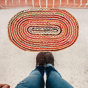 Jute Multi Chindi Oval Braided Rug, Tightly Braided Chindi and Jute Rug,Reversible,Durable,Sustainable Rug Pad, Shag Rugs for Bedroom, Floor Rug, Bedroom Rugs, Jute Kitchen Rug-24x36 Inch Multi Color