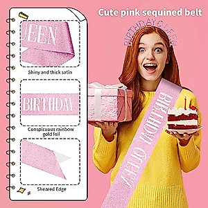 Birthday Crowns for Women, Pink Birthday queen Sash & Rose Gold Women's Birthday Hair Bands and Birthday Corsage Set, Queen Rhinestone Birthday queen Headband Birthday Gifts for Women, Sweet Happy Birthday Accessories (birthday queen Pink)