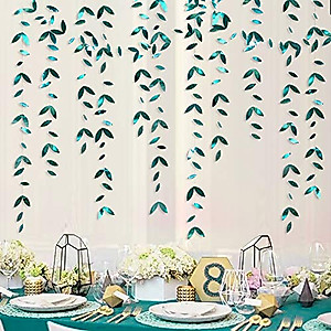 52 Ft Hunter Green Leaf Garland Emerald Turquoise Dark Green Paper Hanging Leaves Streamer Teal Aqua Green Banner for Anniversary Wedding Bridal Shower Engagement Spring Summer Party Decorations