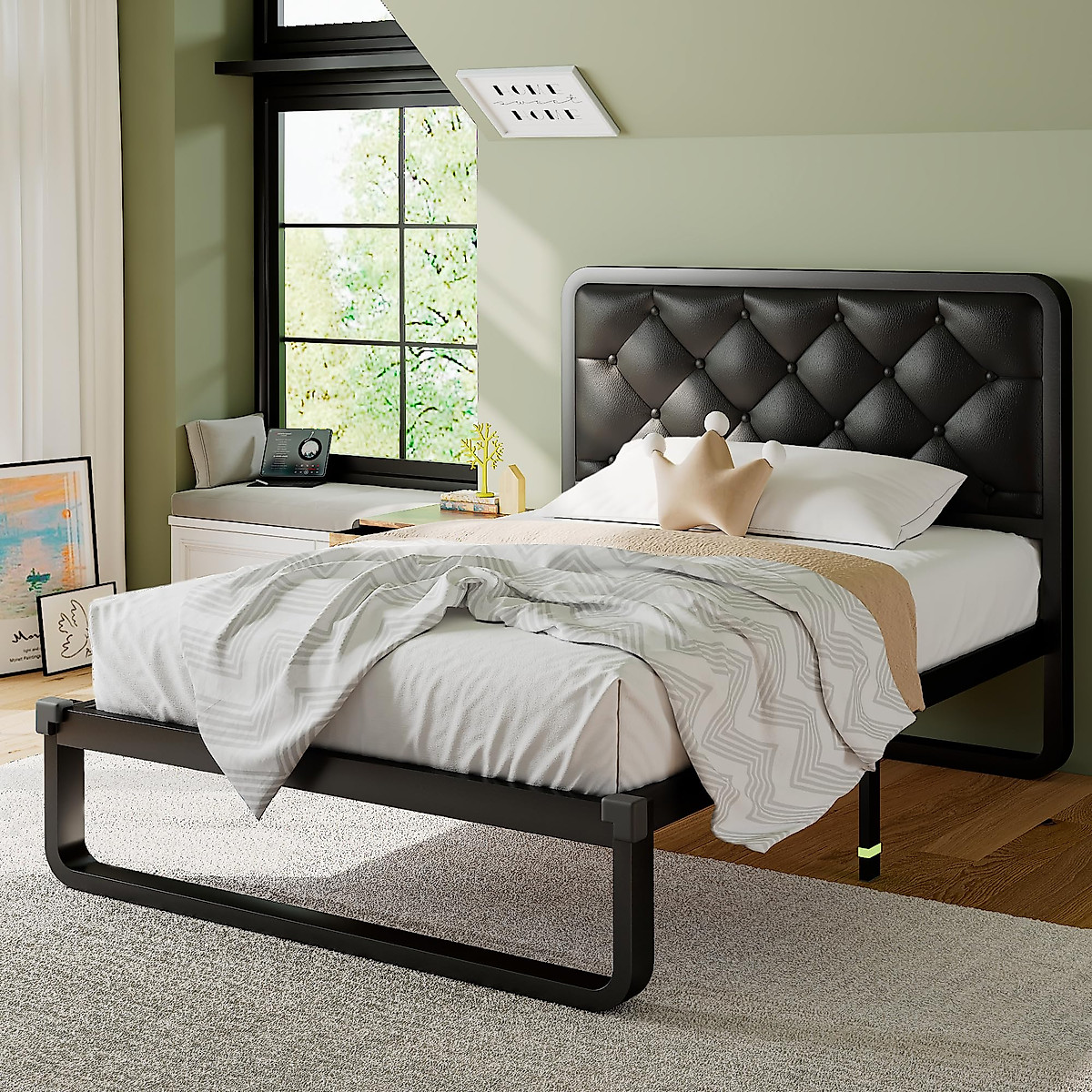 Einhomn Metal Twin Bed Frame with Button Tufted Upholstered Headboard, Curved Platform Bed Frame with 12 Inch Under Bed Space, Strong Heavy Duty Slats, No Box Spring Needed, Noise-Free, Black