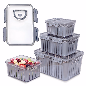 Frovita 3PCS Fruit Containers for Fridge - Airtight Fruit Storage Containers for Fridge with Lids and Strainers - Food Organizer Containers Colander with Built in Month and Date Tracker