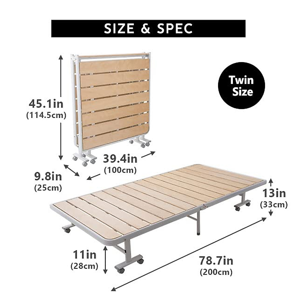 EMOOR Wood Slatted Folding Rollaway Platform Bed SUNOKO-MEHOL Twin for Japanese Futon Mattress (Walnut), Foldable Sleeping Bed Guest Student Dormitory Tatami Mat