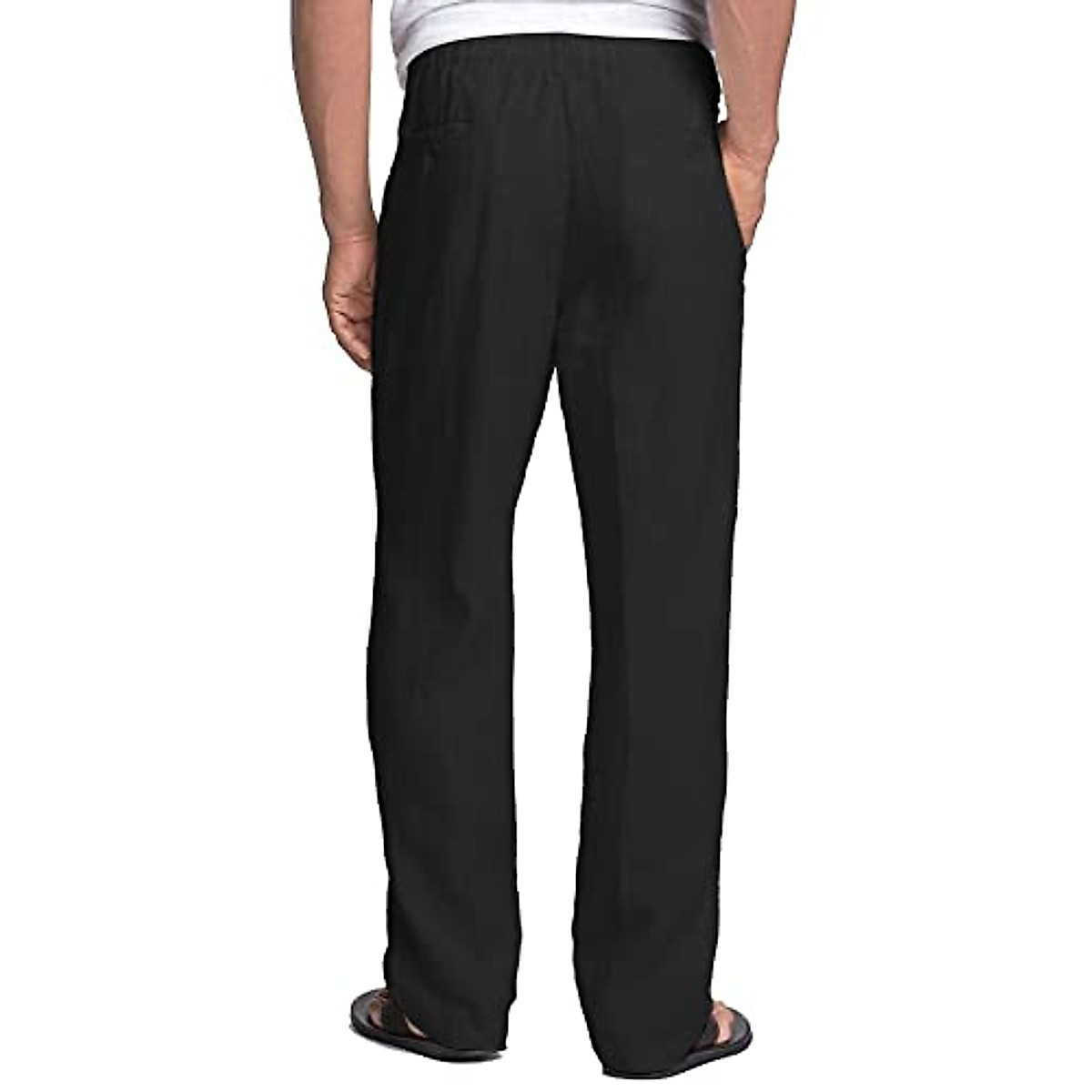 COOFANDY Men Casual Linen Pants Beach Summer Lightweight Pants Elastic Waist Drawstring Loose Trousers (Black, L)