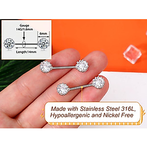Melighting 14G Nipple Rings Shiny Clear CZ Dainty 316L Surgical Steel Nipple Piercing Barbell Nipple Bars Nipple Piercing Jewelry for Women Men