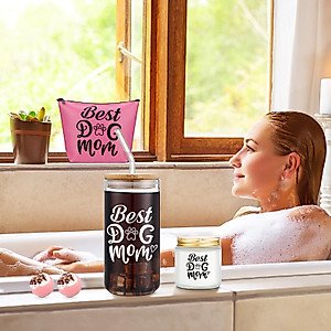 Mumufy 7 Pcs Dog Mom Cup Gifts 20 oz Coffee Glass Tumbler with Bamboo Lid Straw Brush Makeup Bag Socks Scented Candle Bath Salt Ball for Puppy Dog Lover Veterinarian Coffee Lovers Christmas Gifts
