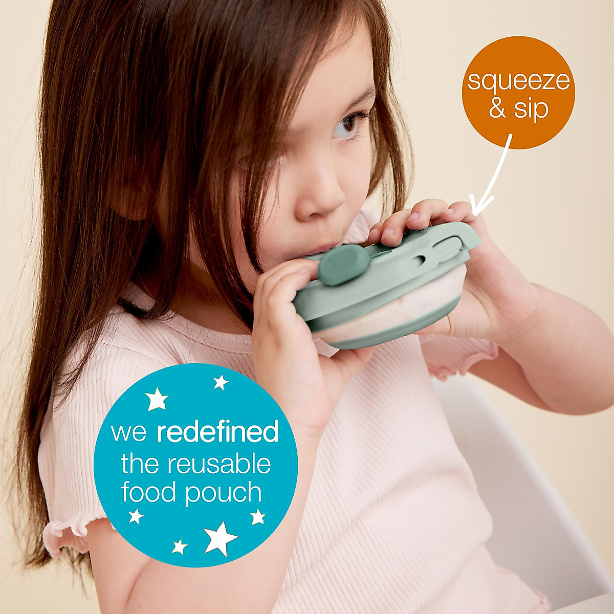 b.box NEW Fill + Feed (Sage) | Reusable Baby Food Pouch | For Toddlers & Babies 4mo+ | Silicone/Nylon Pouch, BPA Free Plastic Lid | Dishwasher & Microwave Safe | 110mL (3.7oz or ½ Cup Capacity)