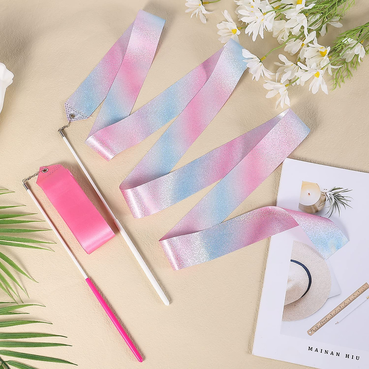 2pcs Dance Ribbons, 2m Kids Long Gymnastics Ribbon Twirling Ribbons Dancing Ribbon Streamers for Artistic Dance Training Party, with Ribbon Dancer Wand (Pink + Sparkling)