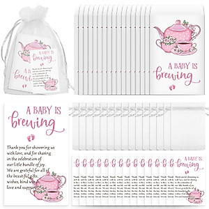 Spakon 50 Sets Baby Shower Tea Party Favors Baby Party Gift Include a Baby Is Brewing Tea Bags Baby Brew Bag Thank You Cards and Organza Bags Baby Shower Favors for Guests Gender Reveal, No Tea (Pink)