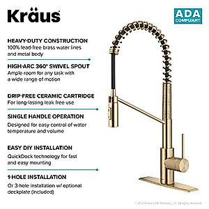 KRAUS Oletto Commercial Style Single Handle Pull Down Kitchen Faucet with QuickDock Top Mount Installation Assembly in Spot Free Antique Champagne Bronze, KPF-2631SFACB