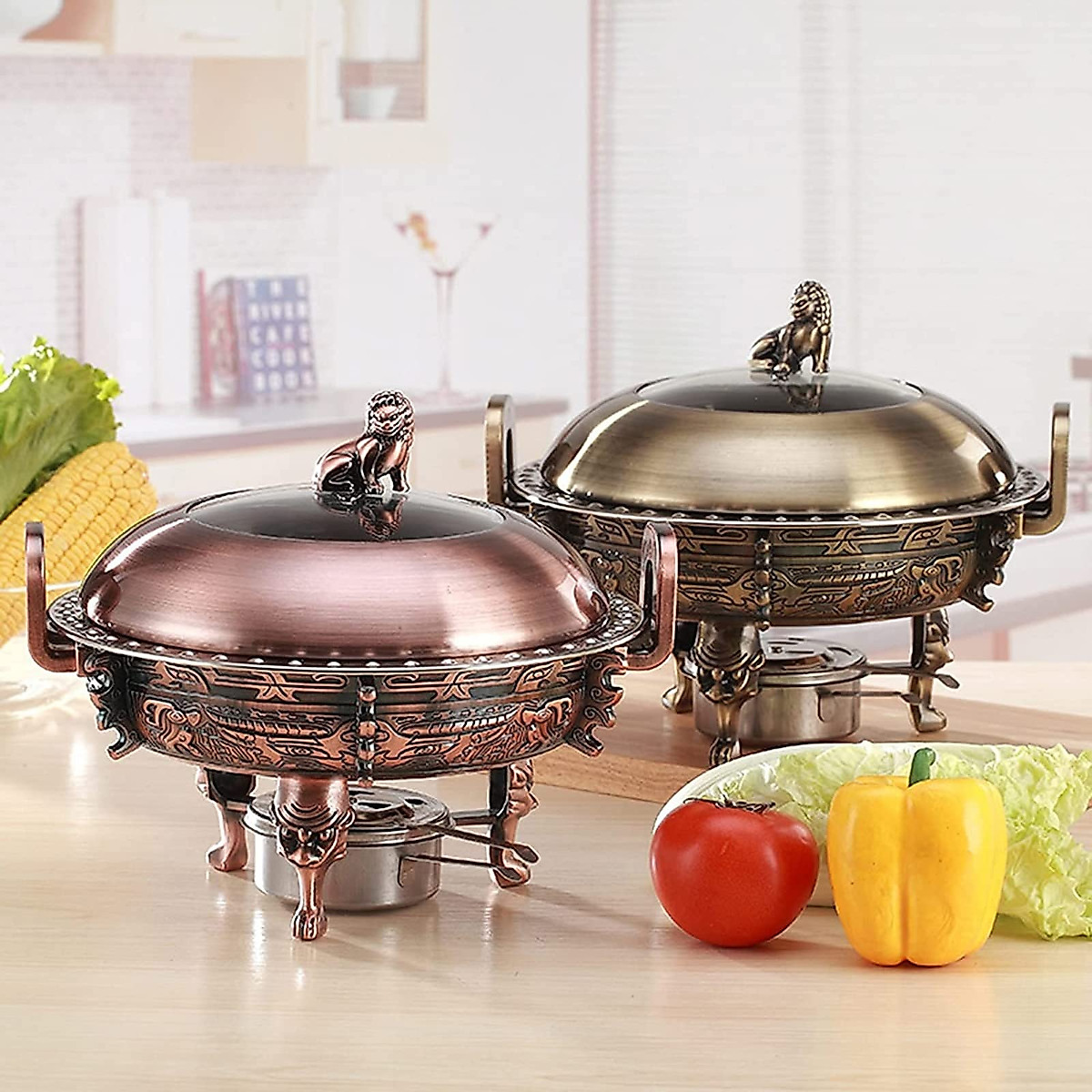 ENPAP Chafing Dish Buffet Set, Round Chafer Buffet Servers and Warmers W/Food Pans, Aluminum Stand, Visible Pot Lid and Fuel Holders, Stainless Steel 28CM (Color : Red Copper)