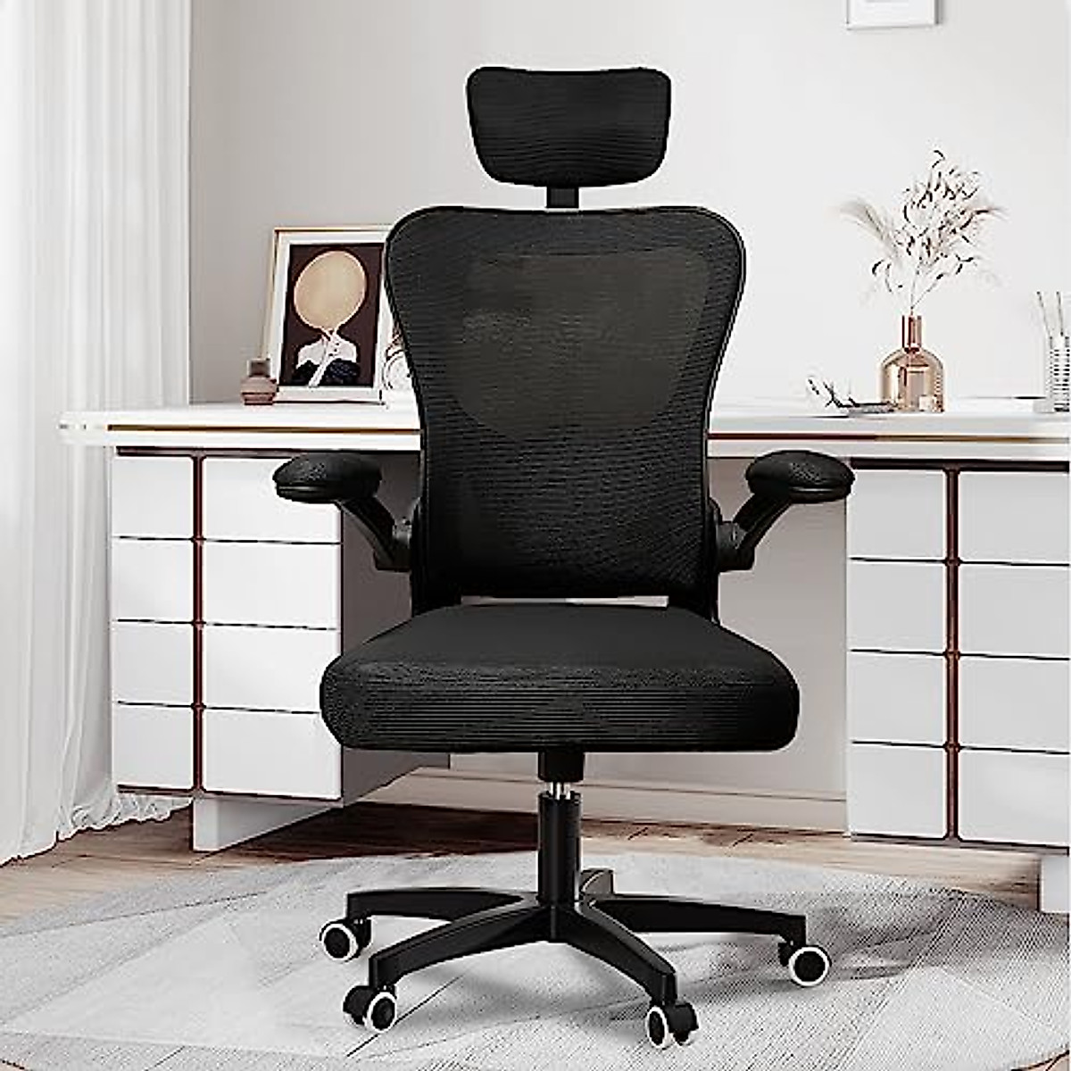 SenceHome Office Chairs, Ergonomic Office Chair, High Back Desk Chair with Adjustable Headrests, Lumbar Support and Flip-up Armrests, Breathable Mesh Computer Chair for Home Office (Black)