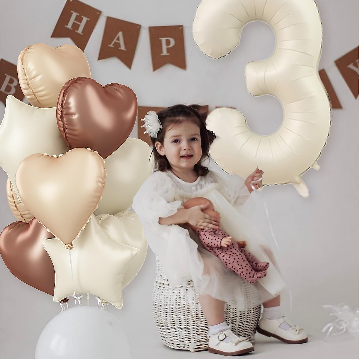 40 Inch Cream 1 Balloon Decor, Beige Tan Brown Heart Balloons, Foil Neutral Nude Sand White Helium Star Number 1 Balloons for Girls 1st Birthday Anniversary Baby Shower Party Boho Decoration Supplies