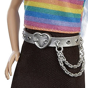 Barbie Fashionistas Doll with Long Blue Crimped Hair, Star Face Makeup, Multi-color Striped Tee, Denim Skirt, Black Boots & Silvery Chain Belt, Toy for Kids 3 to 8 Years Old