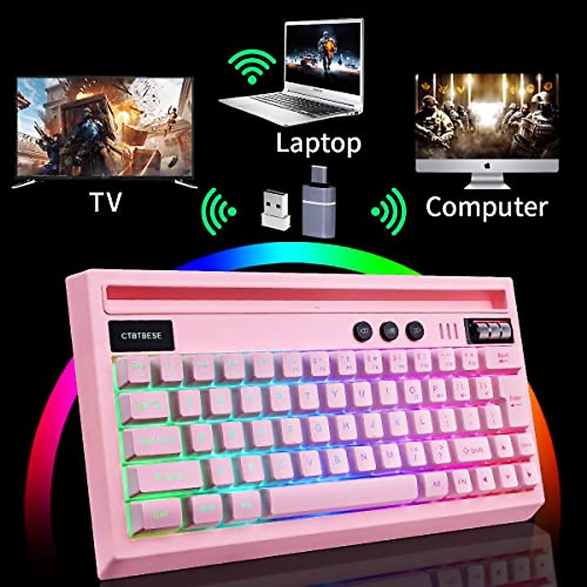 CTBTBESE Wireless RGB Backlit Gaming Keyboard, Ultra-Compact 61 Keys with Phone Stand, Waterproof for PC/Mac Gamer, Typist, Travel(Pink)…