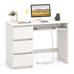 Giantex White Computer Desk with Power Outlet, Modern Office Desk with Keyboard Tray & 3 Large Drawers, 42" Writing Desk Vanity Table with Type-C & USB Ports for Bedroom, White