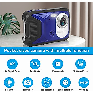 Waterproof Digital Camera 1080P 21MP Underwater Kids Camera with 2.8" LCD Screen 8X Digital Zoom Rechargeable Point and Shoot Camera Compact Portable Digital Camera for Kids Students,Teens Blue