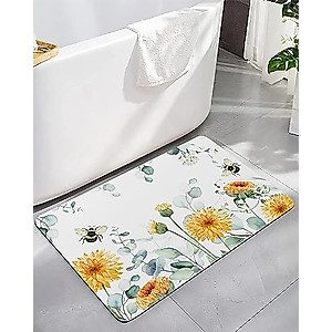Watercolor Flowers Bath Mat for Tub,Non Slip Bathroom Floor Runner Rug Quick Dry & Absorbent Diatomaceous Earth Kitchen Shower Sink Washable Doormat,Eucalyptus Leaves Flower Botanical Plant 16"x24"