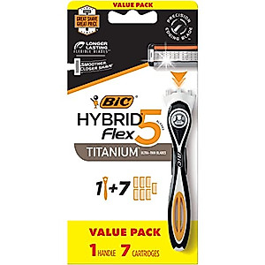 BIC Hybrid Flex 5 Titanium 5 Blade Disposable Razors for Men, For a Smooth and Comfortable Shave, 1 Handle and 7 Cartridges, 8 Piece Razor Set