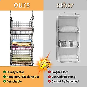X-cosrack 3 Tier Foldable Closet Organizer, Clothes Shelves with 5 S Hooks, Wall Mount&Cabinet Wire Storage Basket Bins, for Clothing Sweaters Shoes Handbags Clutches Accessories Patent Design