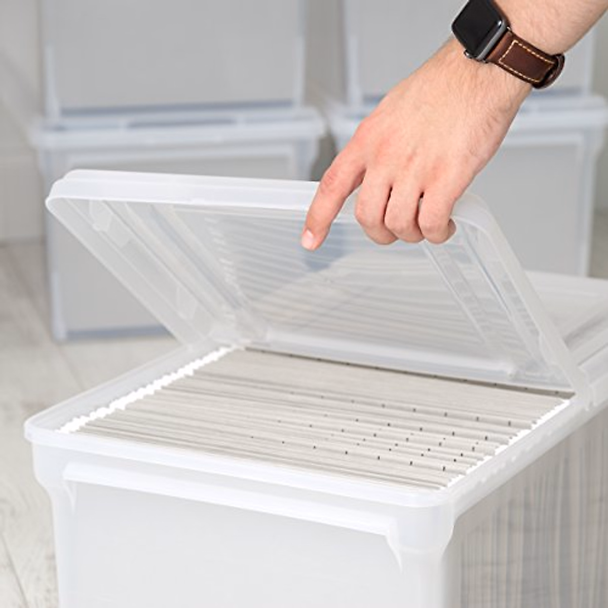 IRIS USA Letter/Legal File Tote Box, 5 Pack, BPA-Free Plastic Storage Bin Tote Organizer with Durable and Secure Hinged Latching Lid, Stackable and Nestable, Clear