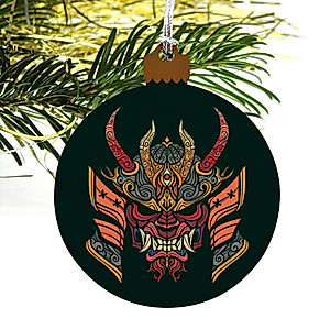 Samurai Warrior Japanese Demon Oni Mask Wood Christmas Tree Holiday Ornament