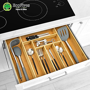 EcoFives Bamboo Kitchen Drawer Organizer - Silverware Organizer - Utensil Holder and Cutlery Tray with Grooved Drawer Dividers for Flatware and Kitchen Utensils (8 Slot)