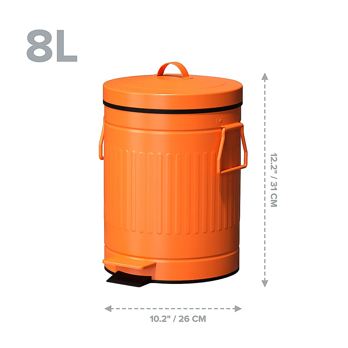 Retro Trash Can with Lid - 8L/2.1Gal Step Trash Can w/ Soft Closing Lid - Round Garbage Can w/ Handles - Touchless Trash Can w/ Removable Garbage Guard Bucket - Outdoor Garbage Can - Large Trash Can, Orange