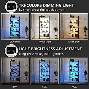 HNEBC 5 Tier LED Bookshelf,Modern Bookcase Open Storage Shelving with Smart Sensing 3 Colors LED Strip,Industrial Style Tall Bookshelf Floating Shelves/Bookcases for Room Living Room Office(Wood)