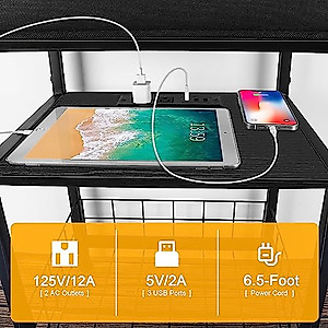 Black Night Stand with Charging Station, Small Bedside Tables with Storage Shelf for Small Spaces, Industrial End Table with Fabric Drawer for Living Room, Bedroom, Office
