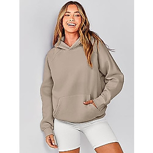 Caracilia Women Solid Basic Loose Hoodie Top Fleece Long Sleeve Pullover Oversized Hooded Sweatshirts with Pocket 2023 Fall Winter Clothes Cute Warm Baggy Sweaters Cozy Outfits 1025shenxing-L Khaki