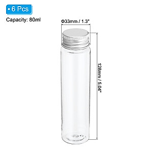 PATIKIL 80ml Plastic Test Tubes with Screw Caps, 6Pcs 128x33mm Flat Bottom Tubes for Scientific Party Decoration Candy Bead Storage Bath Salt, Silver Tone