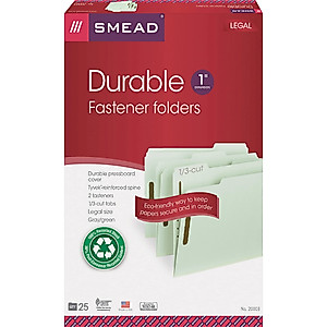 Smead 100% Recycled Pressboard Fastener File Folder, 2 Fasteners, 1/3-Cut Tab, 1" Expansion, Legal Size, Gray/Green, 25 per Box (20003)