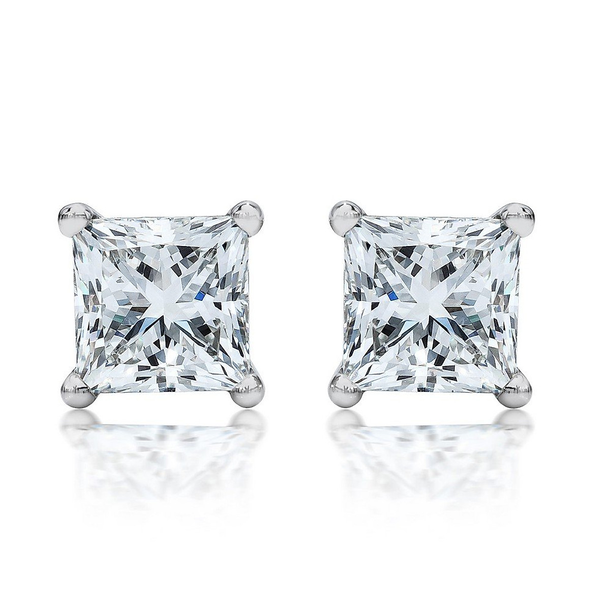 Houston Diamond District 1/2 Carat Platinum Solitaire Diamond Stud Earrings Princess Cut 4 Prong Push Back (D-F Color, VS2-SI1 Clarity)
