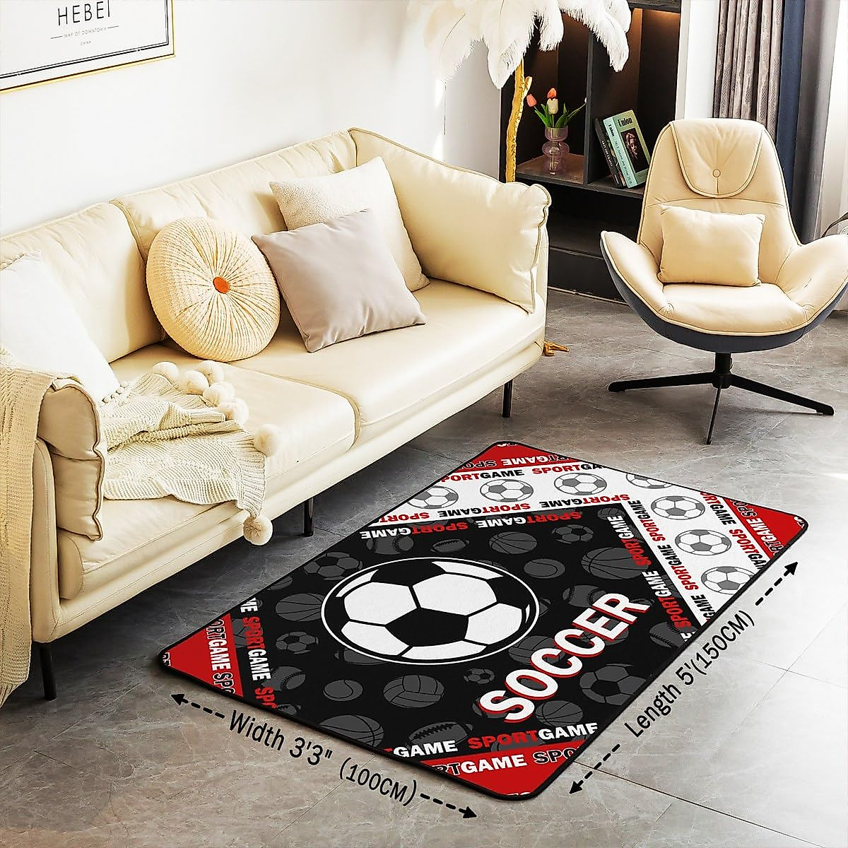 Soccer Boys Area Rug 150cm X 200cm X 1cm Cartoon Football Patchwork Grid Hippie Non Slip Rug for Kids Teens Adults Red Black White Stripes Sports Themed Indoor Floor Mat for Living Room