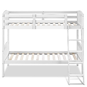 GOFLAME Twin Over Twin Bunk Beds, Convertible Into Two Individual Solid Rubber Wood Beds, Space Saving Design, Children Stylish Sleeping Bedroom Furniture with Ladder and Safety Rail (White)