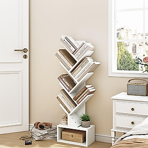 Hoctieon 6 Tier Tree Bookshelf, Tall Bookcase with Drawer, Freestanding Book shelf, Display Floor Standing Storage Shelf, Book Organizer Shelves for Home Office, Living Room, Bedroom, White