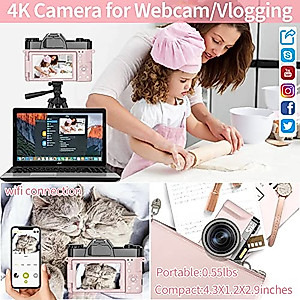 Digital Cameras for Photography, 4K 56MP Vlogging Camera for YouTube with WiFi, Manual Focus, 16X Digital Zoom, 52mm Wide Angle Lens & Macro Lens, 32GB TF Card and 2 Batteries(Pink)