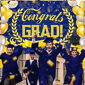 Navy Blue Congrats Grad Banner Decorations Class of 2023 Gold Blue Graduation Party Banner Supplies Photo Booth Wall Large Backdrop Decor for 2023 High School College Graduation Party Sign 72 x 44inch