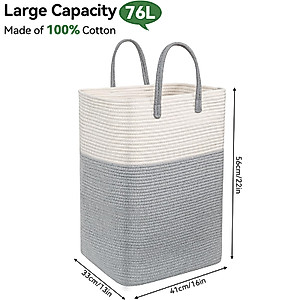 CHICSTASH Cotton Rope Laundry Hamper with Handles,76L Large Laundry Basket Blanket Basket for Living Room Durable Dirty Clothes Basket for Bedroom, Dorm, Towels, Toys(16x13x22in Grey & White)