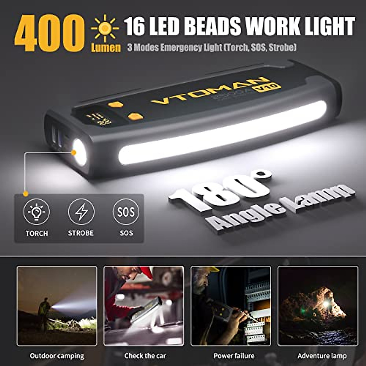 VTOMAN V10 Jump Starter, 2500A for 9L Gas and 7L Diesel Engine with PD30W Two-Way Quick Charge, Car Battey Charger Jump Box Portable, 12V Auto Battery Booster Power Pack with Jumper Cable WorkLight