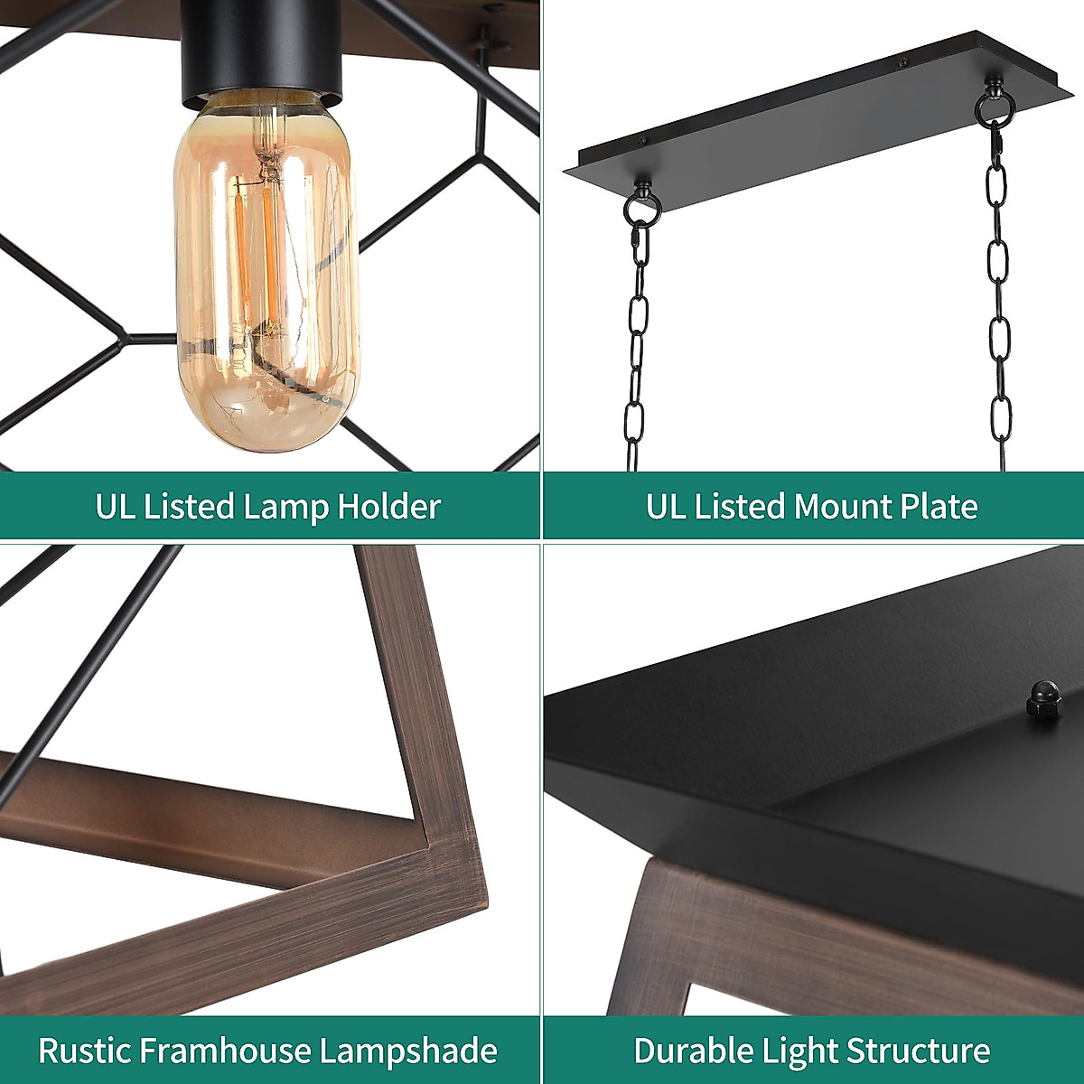 YITAHOME 5-Light Pendant Lights Island Fixture, Farmhouse Rustic Rectangular Chandelier for Dining Room, Kitchen, Living Room, Entryway, UL Listed, Bronze