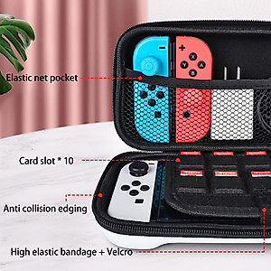 DLseego Carrying Case Design for Switch/Switch OLED Model, Shockproof Hard Shell Protective Travel Bag 10 Game Card Slots for Switch Console Joy-Con & Accessories with 6 Thumb Grip Caps – White