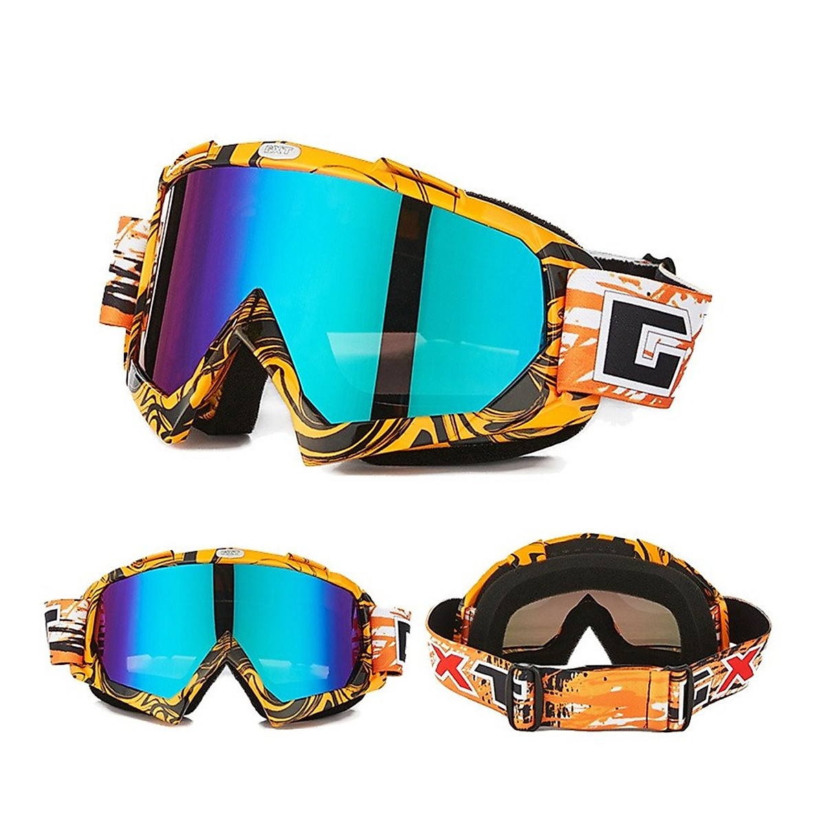 Wonzone Off Road Riding Motorcycle Bike Dirt Goggles Windproof Snowboard Ski Goggles Eyewear Adjustable UV Protective Outdoor Glasses Portable Motorcycle Cross-Country Goggles (Orange/Black, Rainbow)