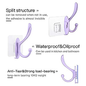 Coat Hook 8 Pack Split Design Heavy Duty Transparent Reusable Seamless Wall Mounted Double Removable Hooks for Coat,Scarf,Bag,Towel,Key,Cap,Cup,Hat(Purple)
