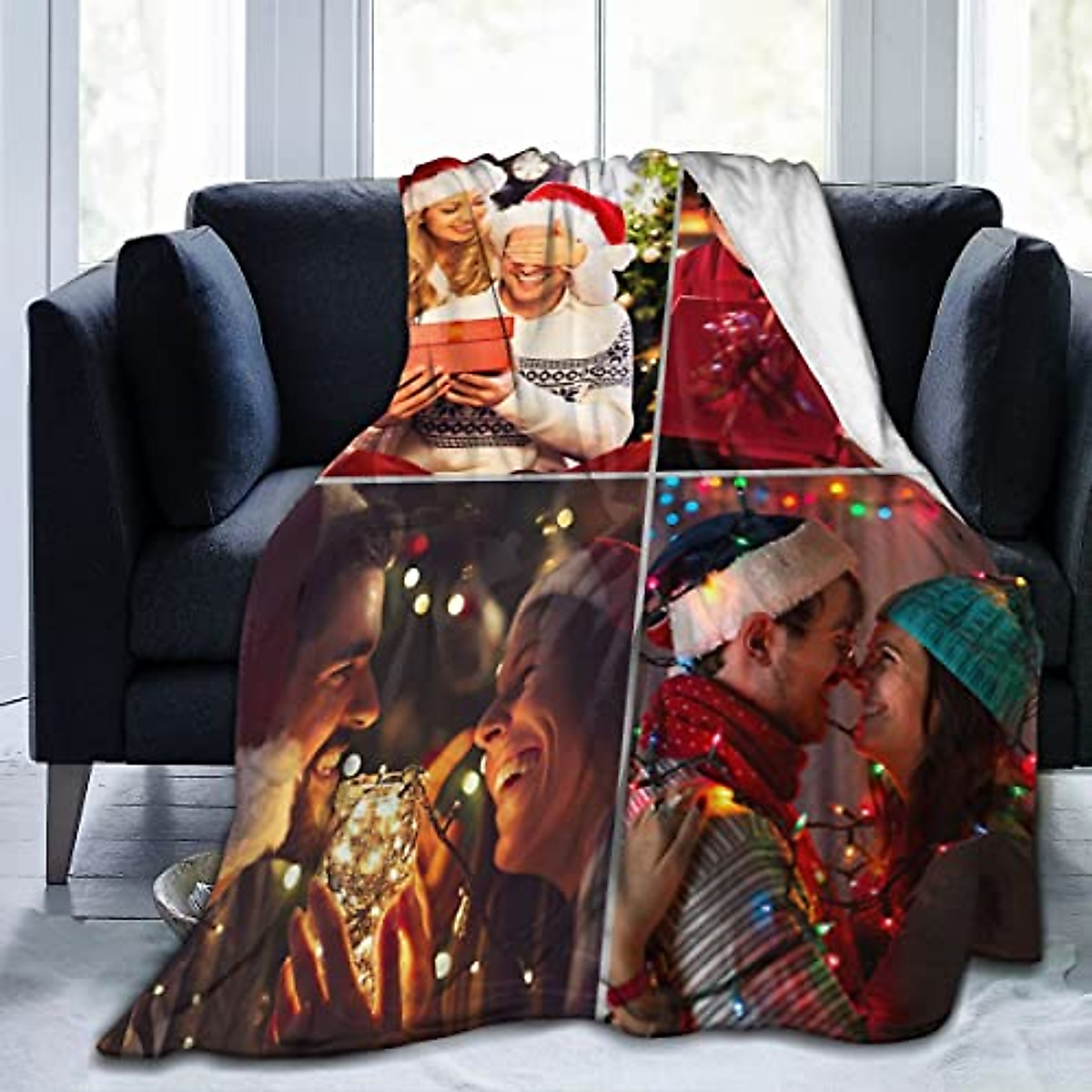 MAZU Custom Blanket Personalized with Photo Collage or Any Text Logo Throw Blankets, Christmas, Birthday Anniversary Wedding Gifts Customized Gift for Dad, Mom, Friends or Couples, 4 Photos Collage