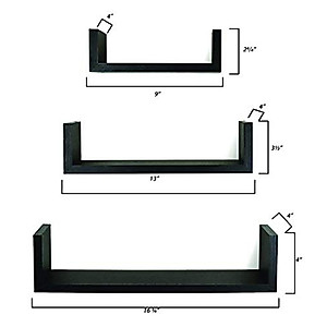 Adorn Home Essentials Floating Shelves Set of 3 with Modern U Shape and Durable Design, Simple Hanging Kit Included (Espresso)