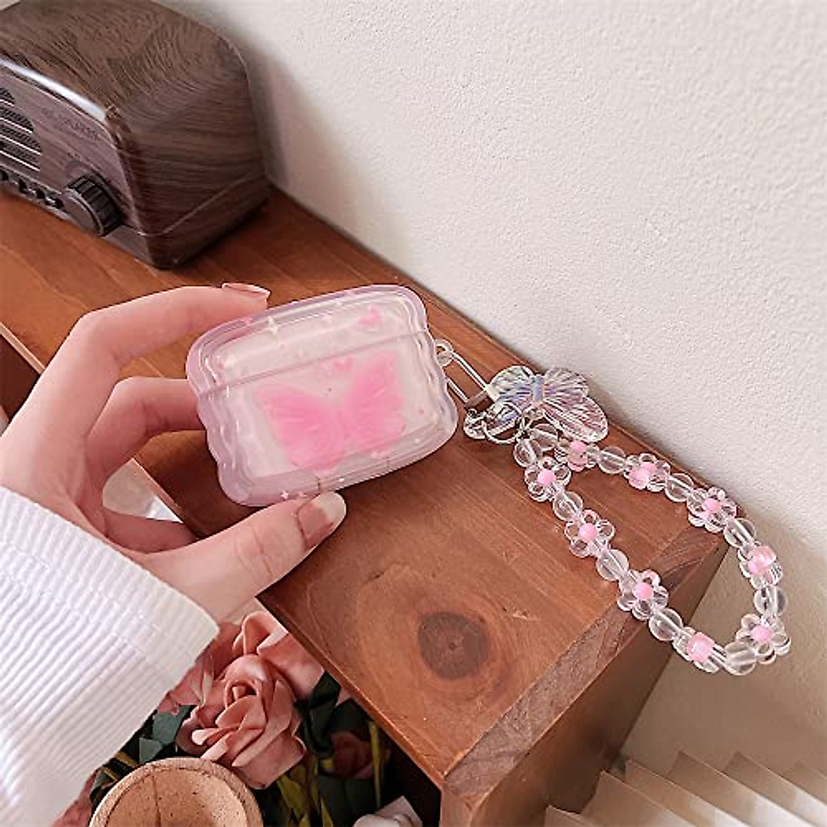 MINSCOSE Cute Airpod Pro Clear Case,Cute Graffiti Butterfly Pattern Design with Pretty Pink Flower Crystal Keychain Soft TPU Smooth Shockproof Compatible with Airpods Pro Charging Case for Girls Women