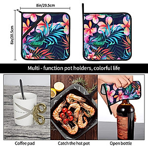 Pot Holders Sets Neon Tropical Hawaiian Flowers Heat Resistant Coaster Potholder 2 Pcs Set for Cooking Baking Non-Slip Water-Proof Potholders for Kitchens